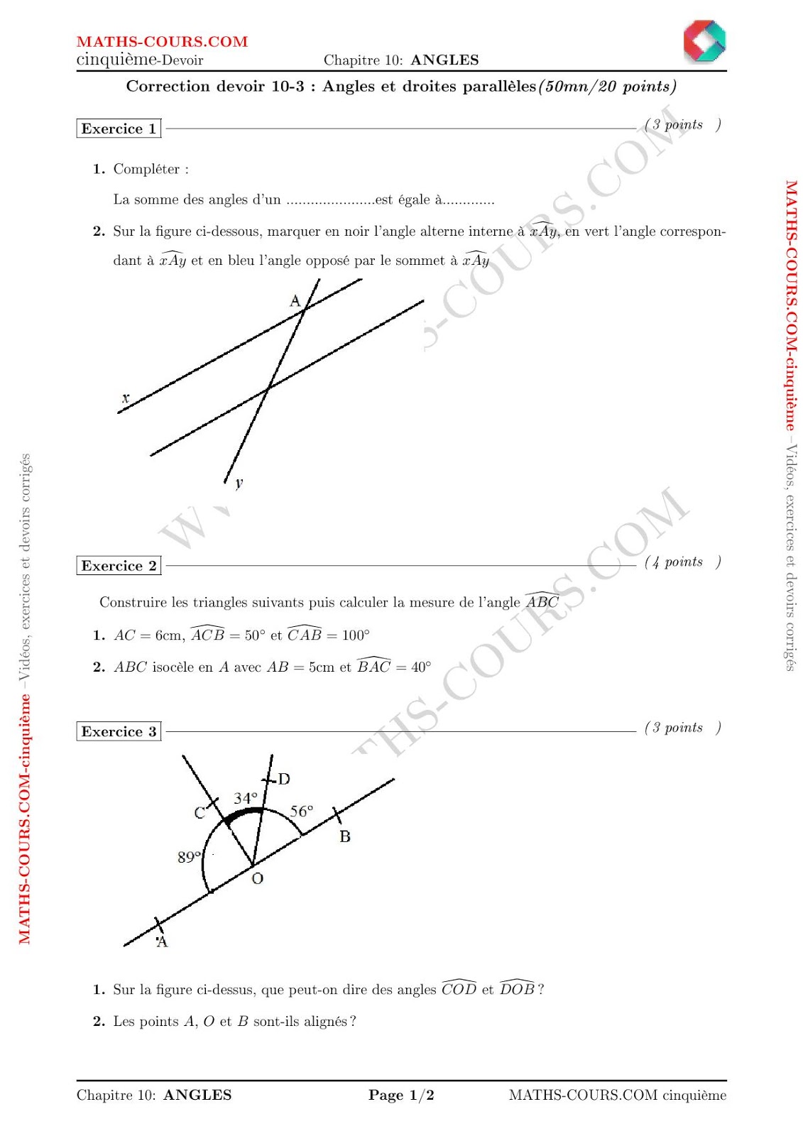 Devoir angles cinquième
