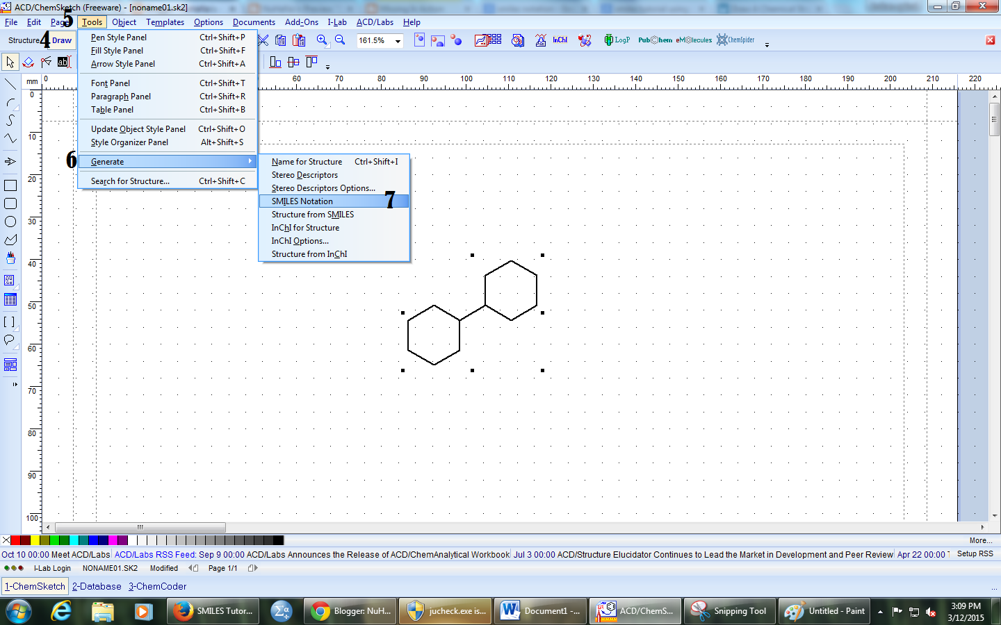 NuHaNa's: SMILE + CHEMSKETCH - Tutorial on how to draw bicyclohexane