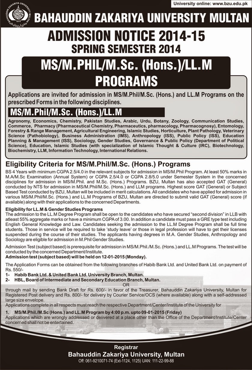 BZU Multan Postgraduate Spring Admissions 2015 - Etest And Admission
