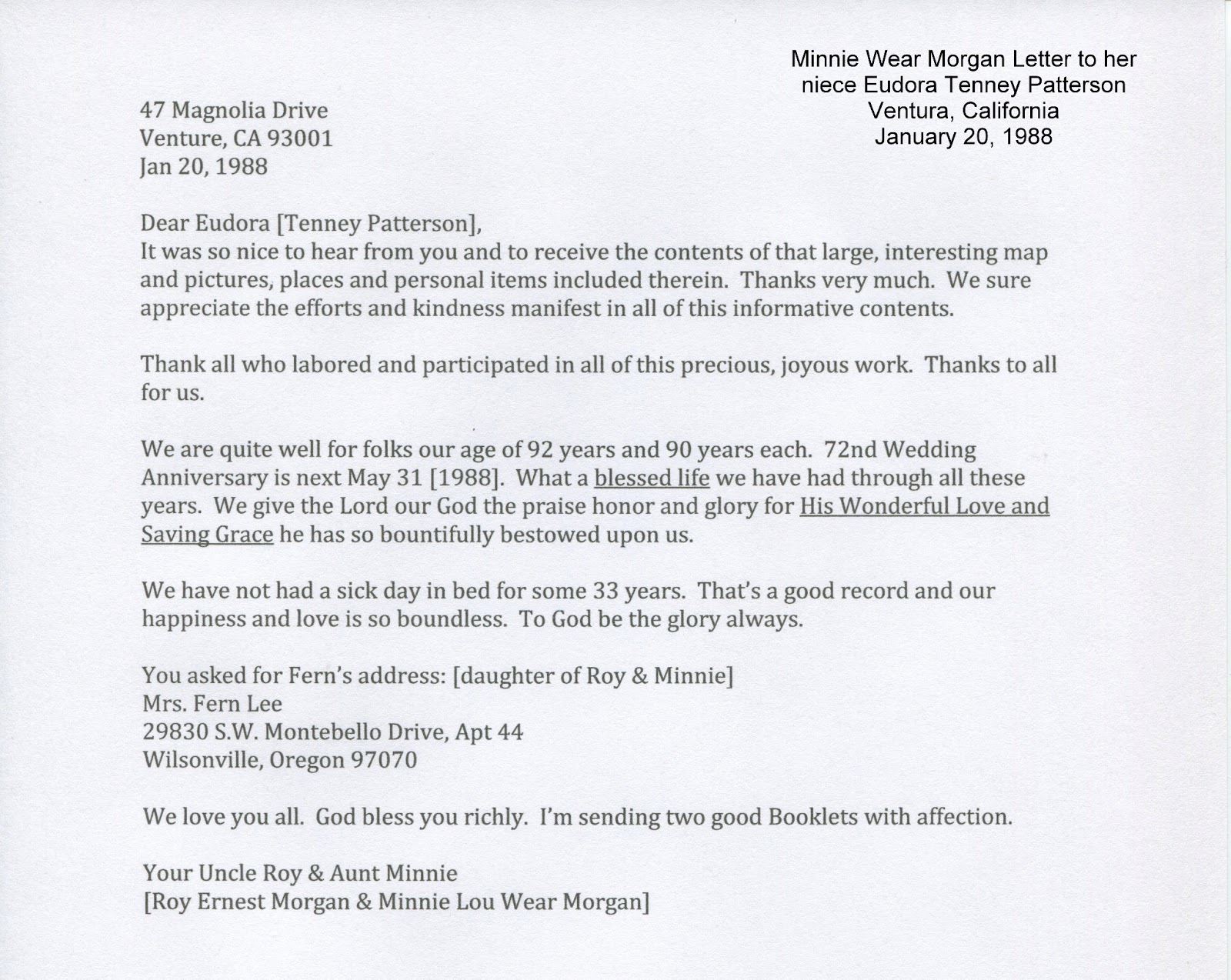 Tenney Treasures: Great Aunt Minnie Wear Morgan writes Letter!