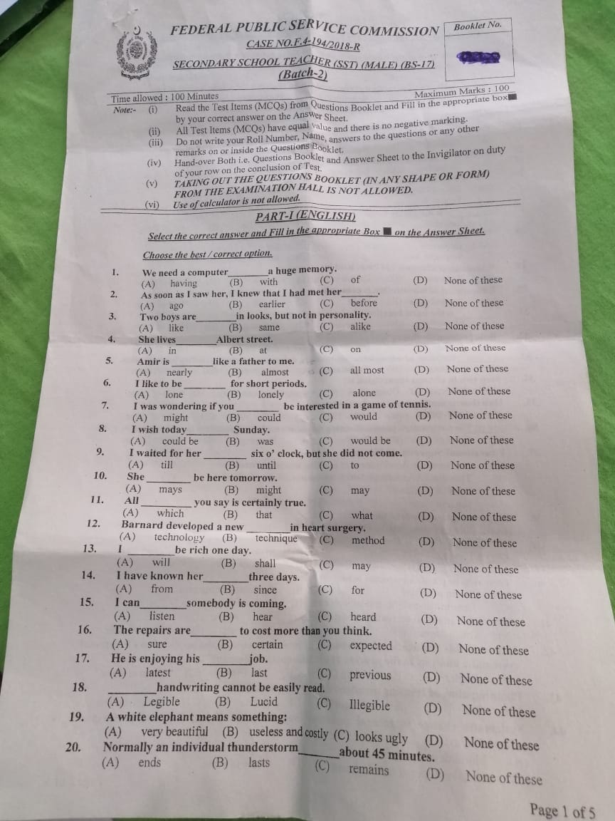 KNOWLEDGE FOR ALL: SECONDARY SCHOOL TEACHER (SST) BPS.17 TEST MCQs ...