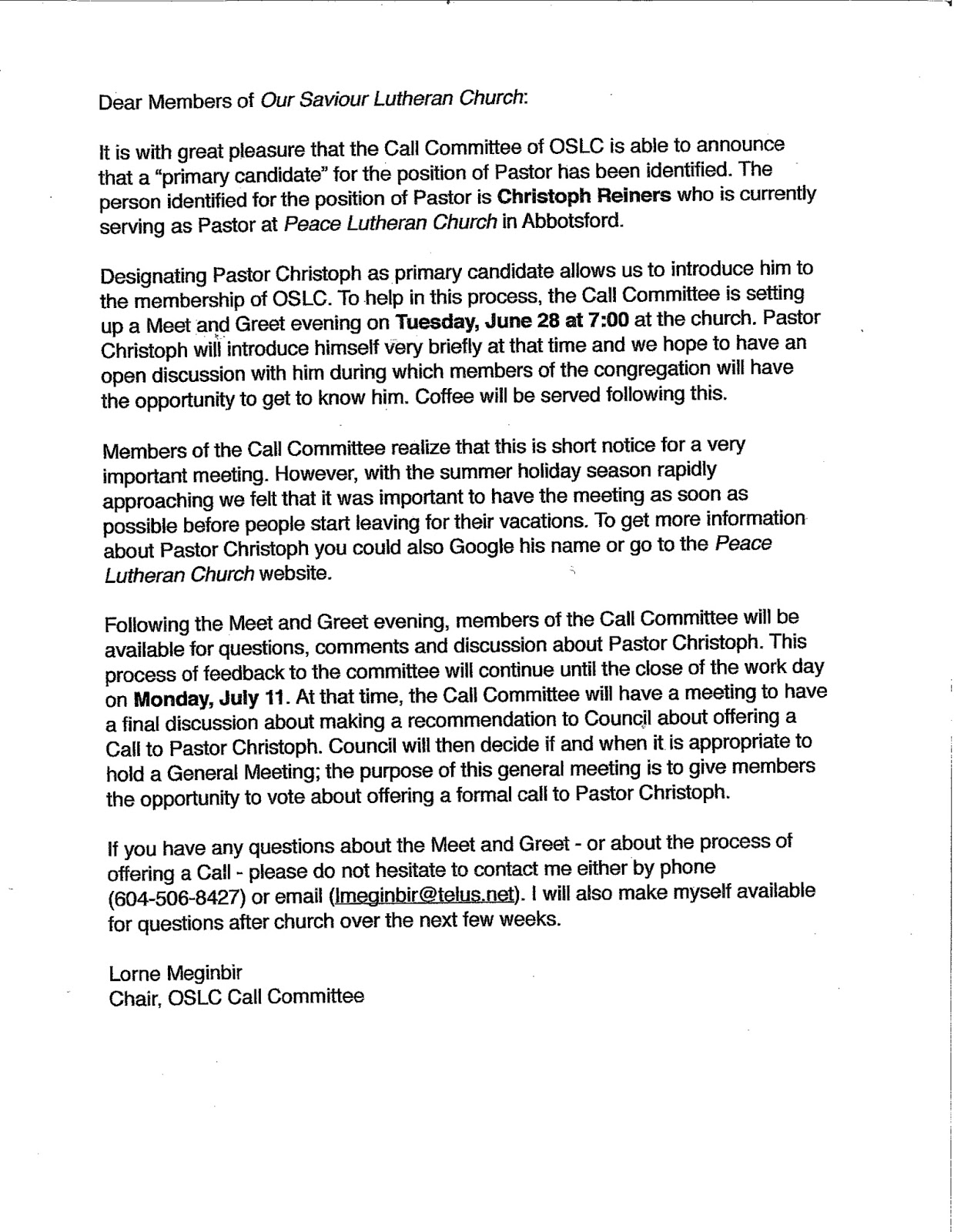 Our Saviour Lutheran Church: Message from Call Committee