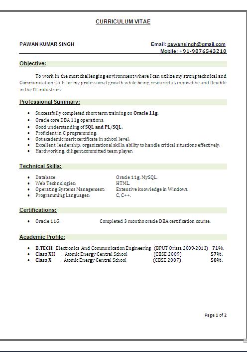 B Tech Electronics and Communication Fresher Resume Sample Format