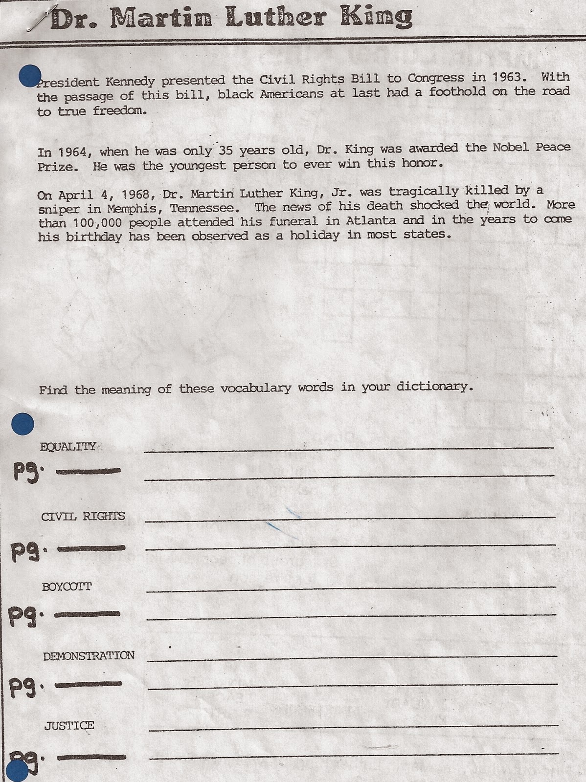 ELEMENTARY SCHOOL ENRICHMENT ACTIVITIES: MARTIN LUTHER KING DAY WORKSHEETS