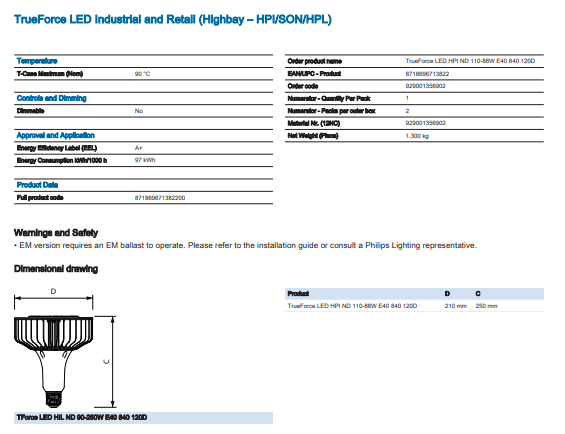 TrueForce LED HPI ND 110-88W E40 840 120D | HIGHBAY & LOWBAY LIGHTING