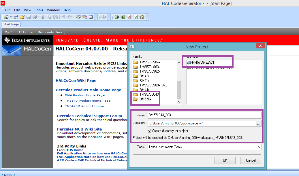 Hercules RM57L843 LaunchPad: Crear un proyecto nuevo en HALCoGen y Code Composer Studio