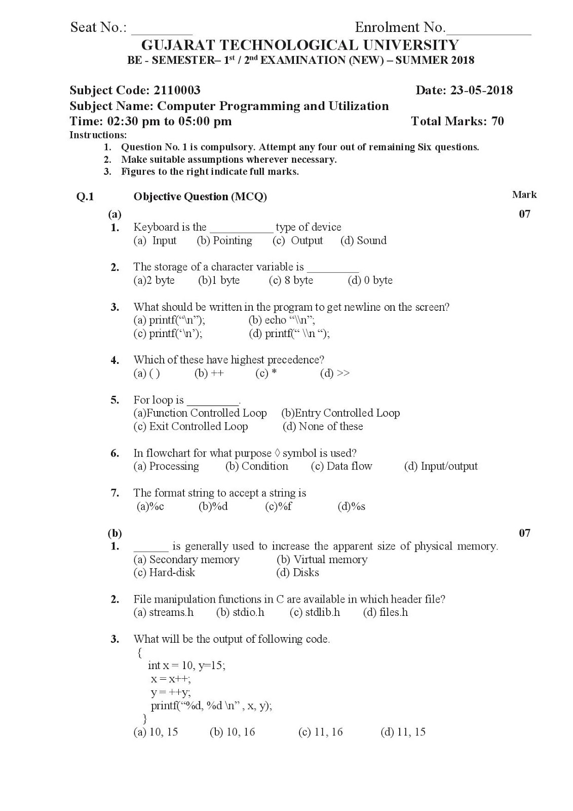 Gtu Exam Question Paper Pps 3110003