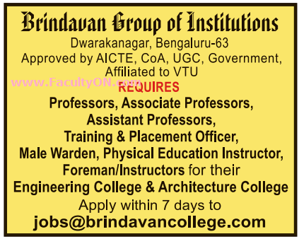 Brindavan Group of Institutions, Bangalore, Wanted Teaching Faculty Plus Non-Faculty - Faculty ...