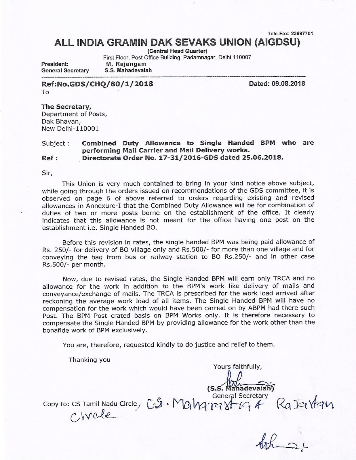 RURAL POSTAL EMPLOYEES: CHQ LETTER TO DEPARTMENT REGARD COMBINED DUTY ...