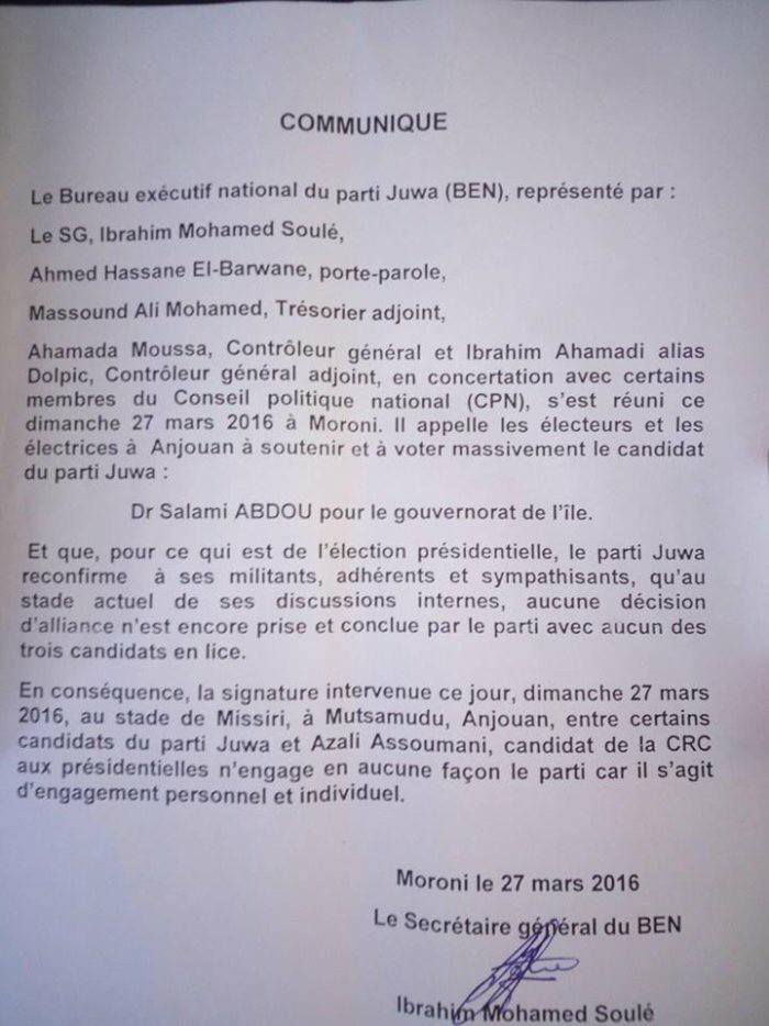 Azali le sauveur du parti JUWA | HabarizaComores.com | Toute l ...