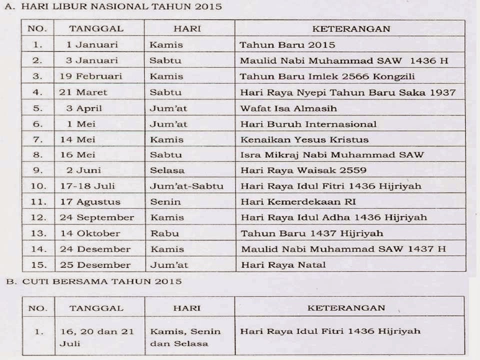 Hari Libur Nasional dan Cuti Bersama Tahun 2015 Menurut SKB Tiga ...