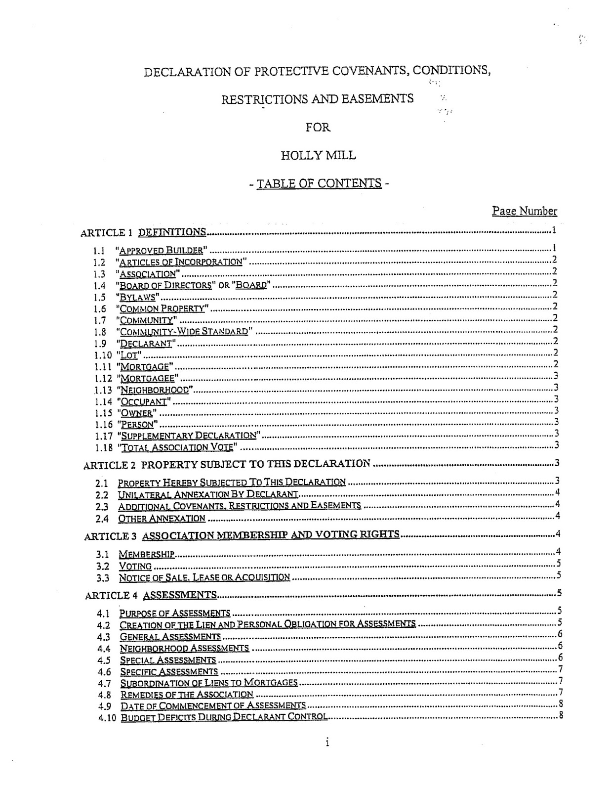 Holly Mill, Canton, Ga. 30114: DECLARATION OF PROTECTIVE COVENANTS ...