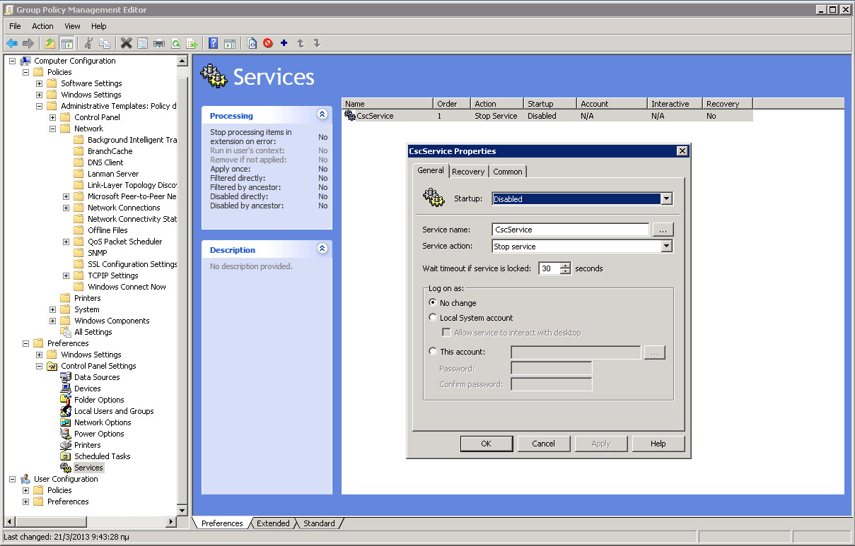 Απενεργοποίηση Offline Files μεσω Group Policy