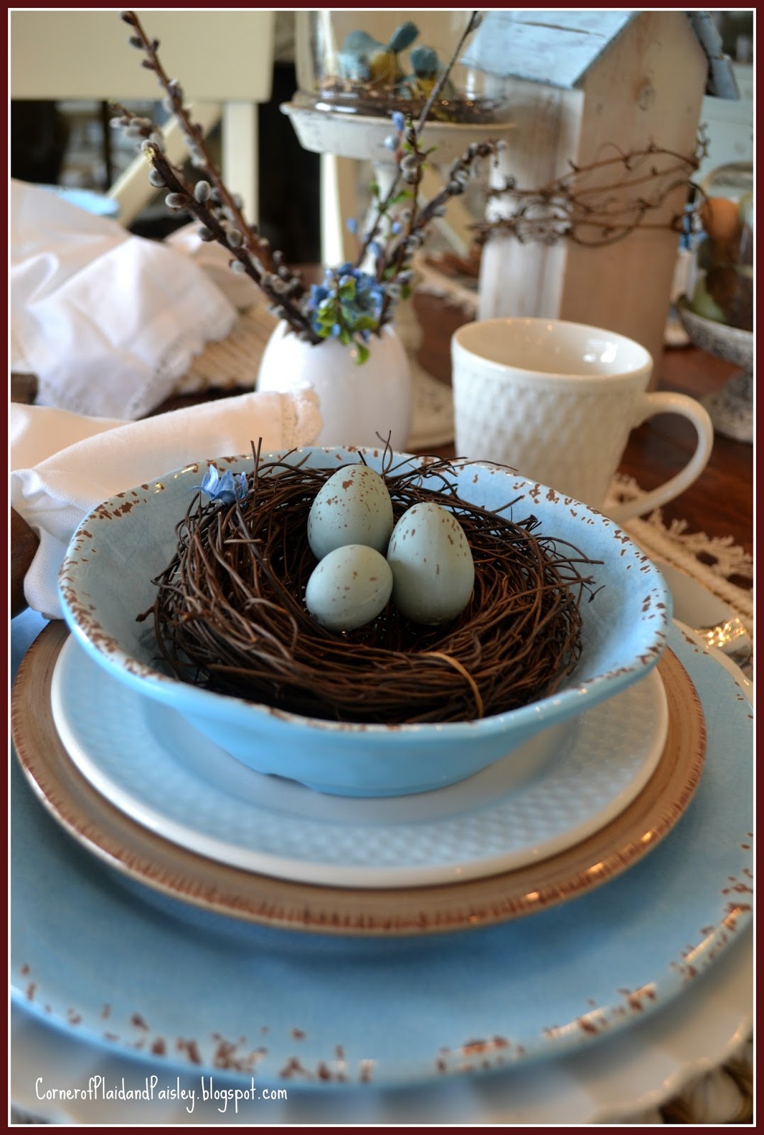 Robin Egg Blue Table - Corner of Plaid and Paisley