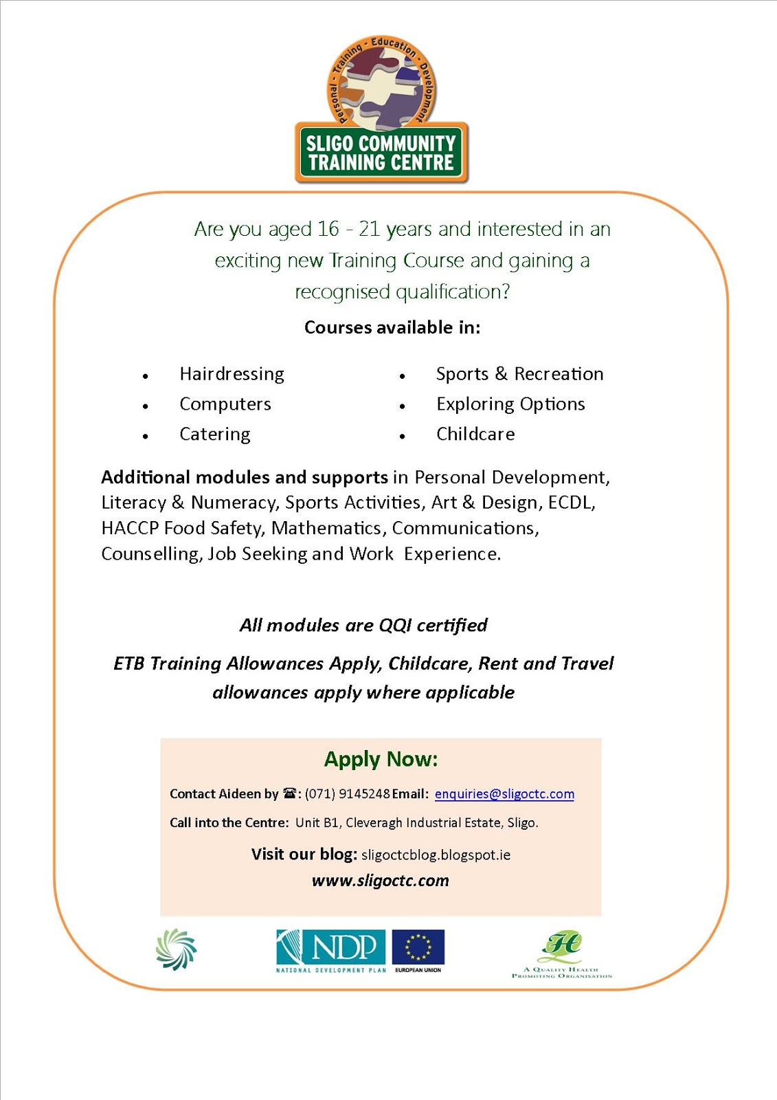 Training courses starting in Sligo CTC and receive a training allowance ...