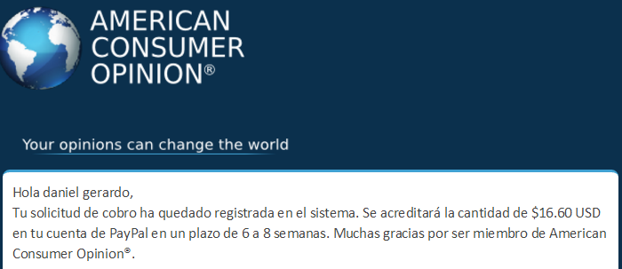 PRIMER PAGO RECIBIDO DE AMERICAN CONSUMER OPINION ~ Plaza de Marcas