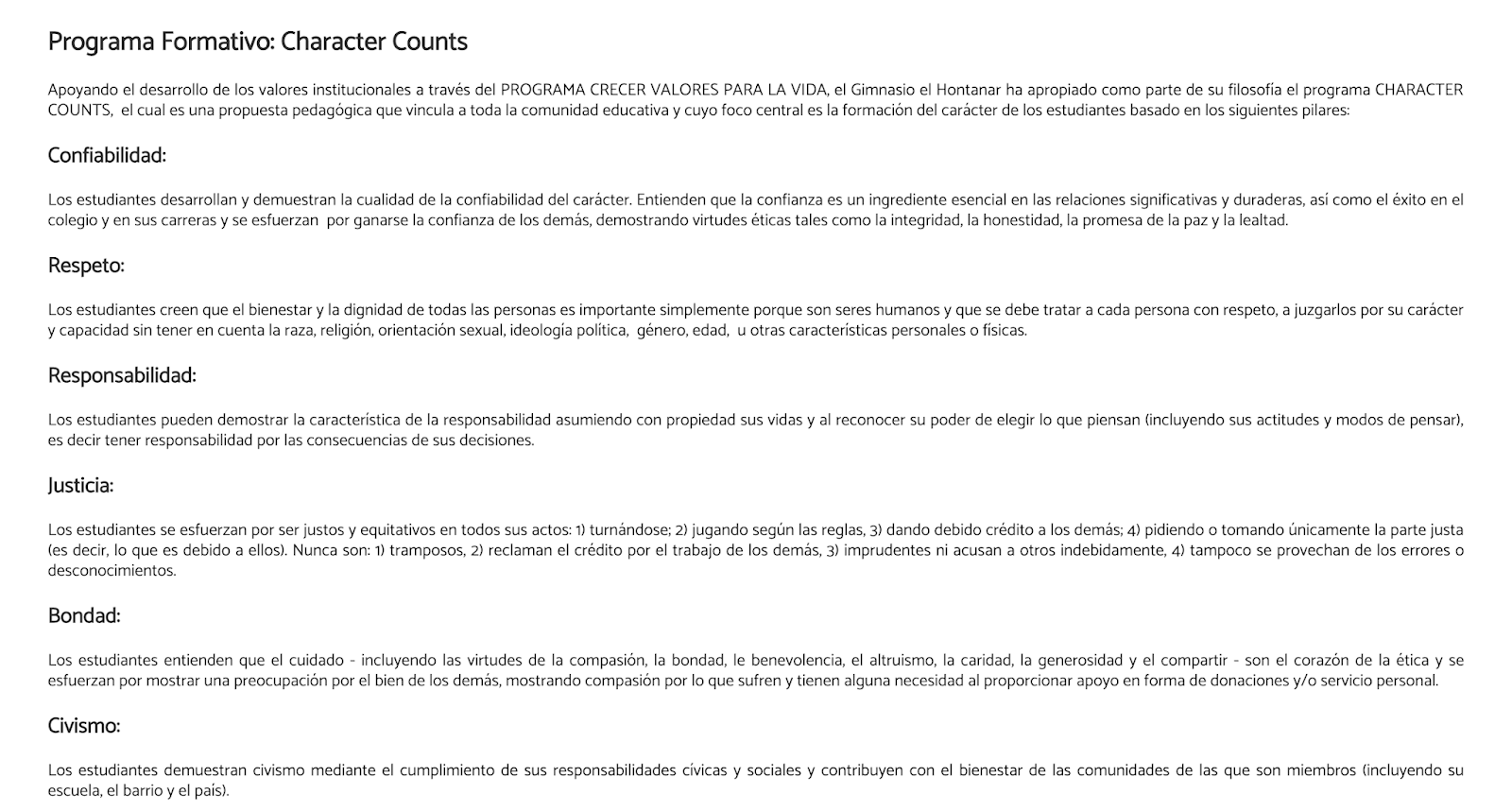 CHARACTER COUNTS Y MIS ACTIVIDADES C.A.S