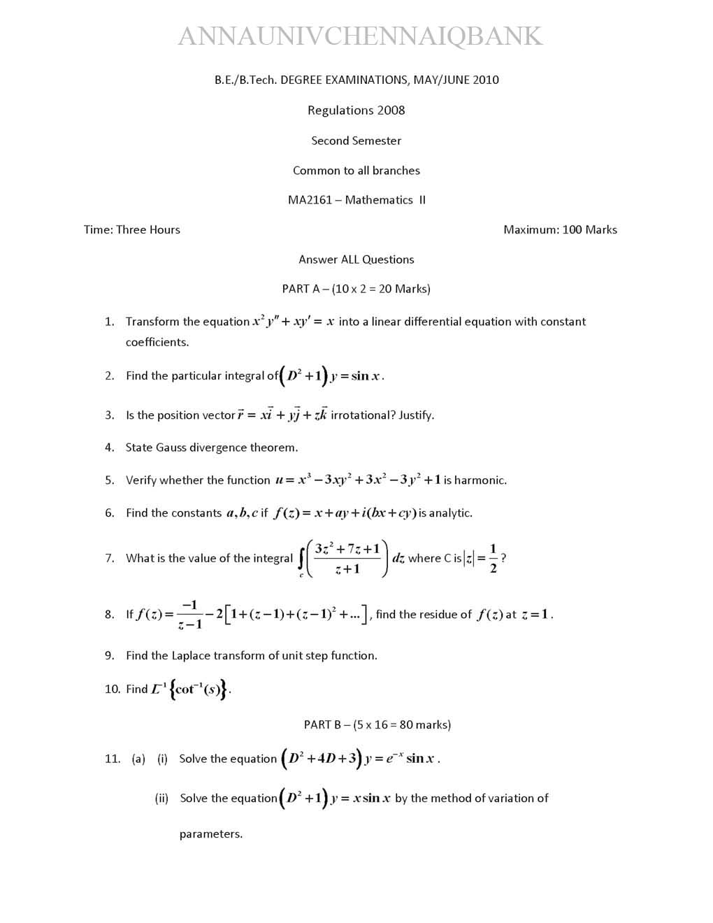 Anna University Chennai Previous Year Question Papers: MA 2161 ...