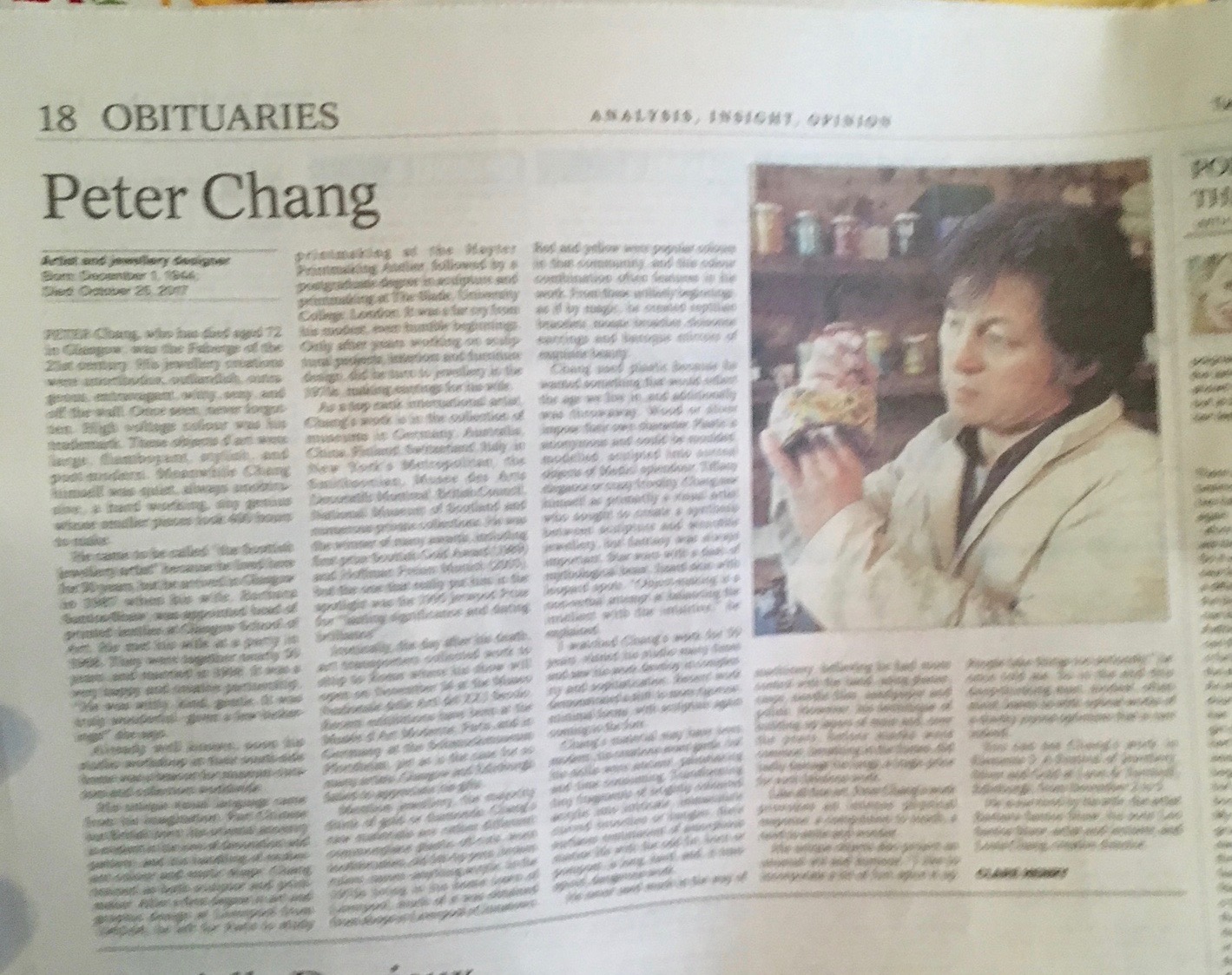 Clare Henry / Art Journal: PETER CHANG Obit Nov 2017 The Herald