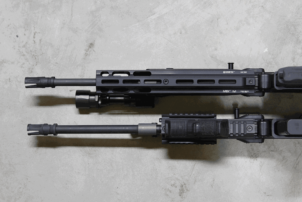 A comparison of the MREX rail mounted on a SCAR 16 to a SCAR 17 with ...