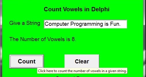 Free Programming Source Codes and Computer Programming Tutorials: Count Vowels in Delphi