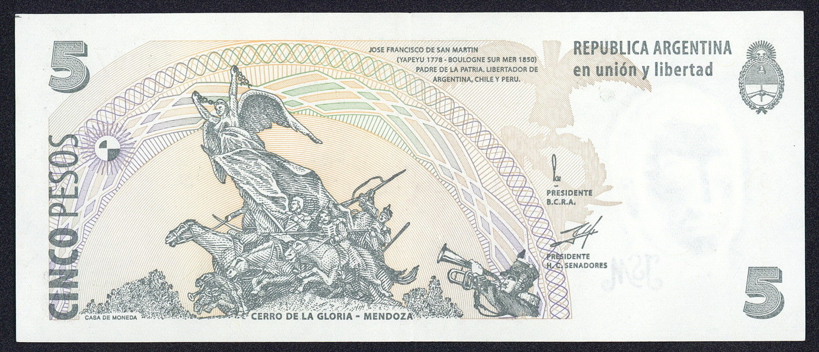 Argentina 5 Pesos Convertibles banknote 1998 General Jose de San Martin ...