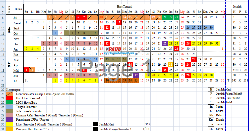 Download Contoh Kalender Pendidikan PAUD 2016/2017 Excel Gratis - File Paud