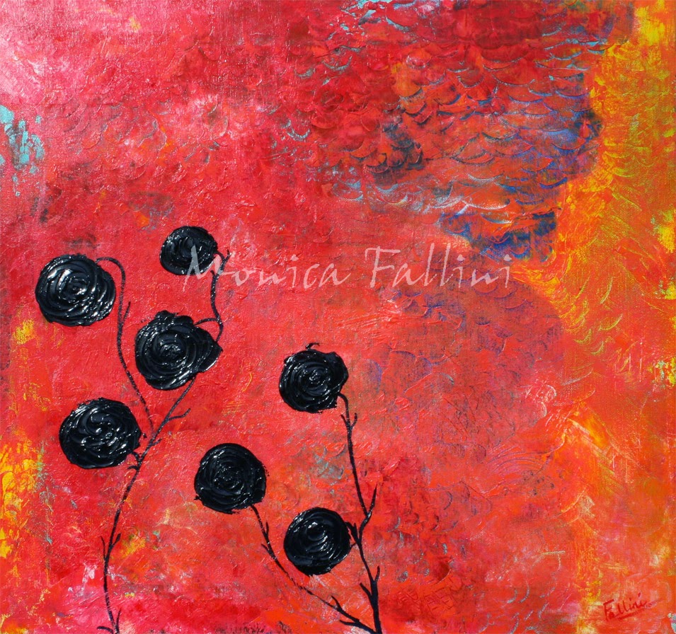 Paintings by Monica Fallini: Yellow Poppies and black Roses contemporay ...