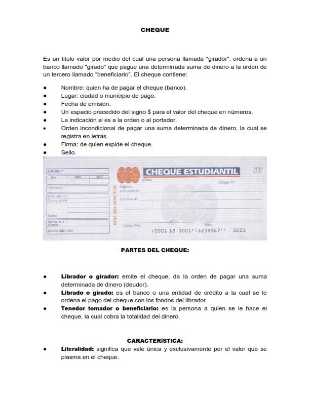 CHEQUE CONCEPTO PARTES Y CLASES
