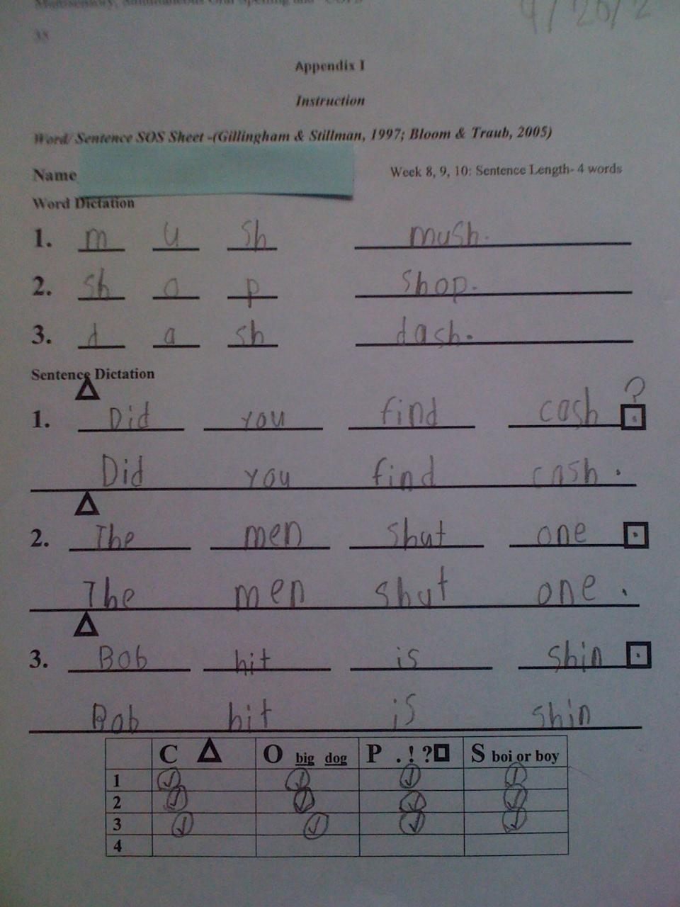 Learning Through Movement: Work Sample – Dictation Strategy Sheet