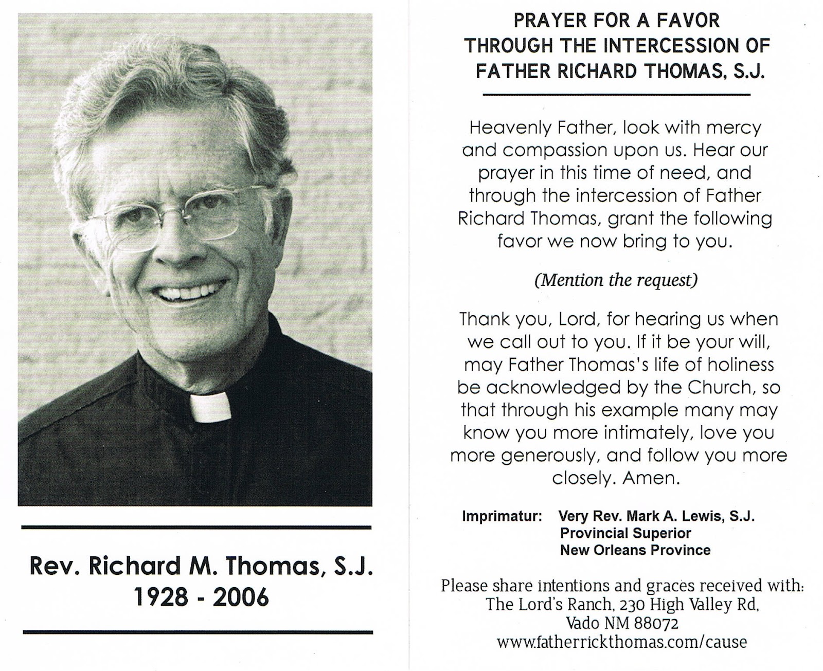 Father Thomas prayer card – Our Lady's Youth Center
