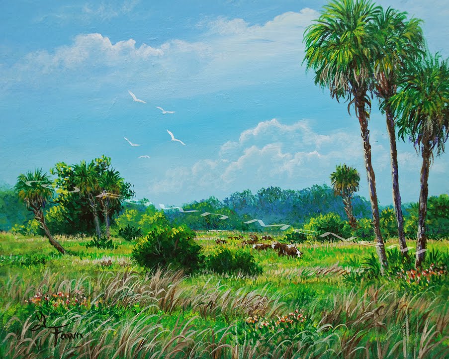 Fawn's Paintings: Green Pastures 2, cattle in a Florida landscape