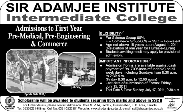 Admission in Pakistan: Sir ADAMJEE Institute Intermediate College ...