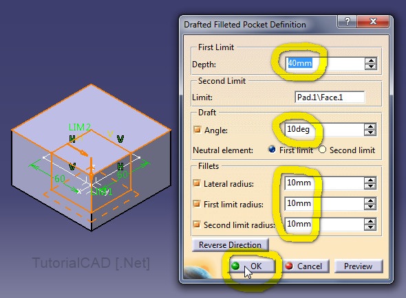 TutorialCAD.Net: Menggunakan Fungsi Drafted Filleted Pocket di Catia V5R20