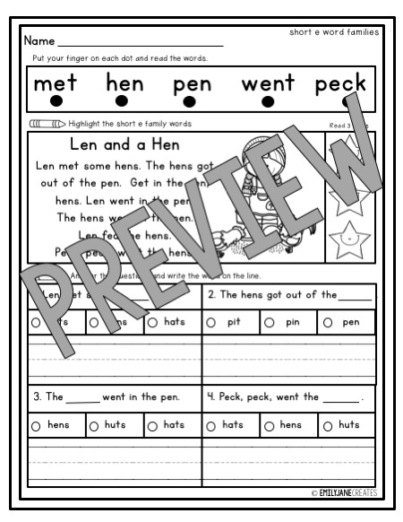 Emily Jane Creates: READING COMPREHENSION PASSAGES-CVC WORD FAMILY WORDS