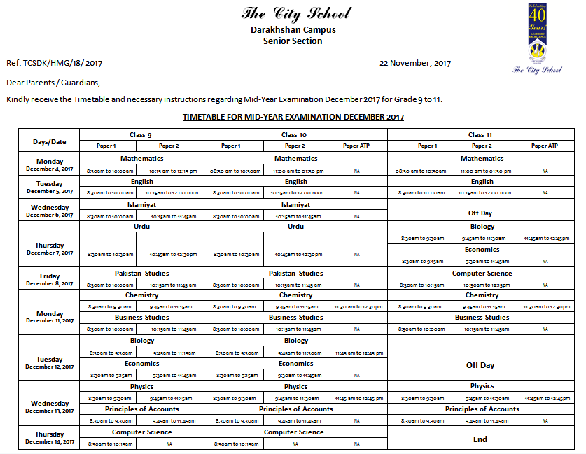 Official Blog for Girls Section: Timetable Mid-Year Examination ...