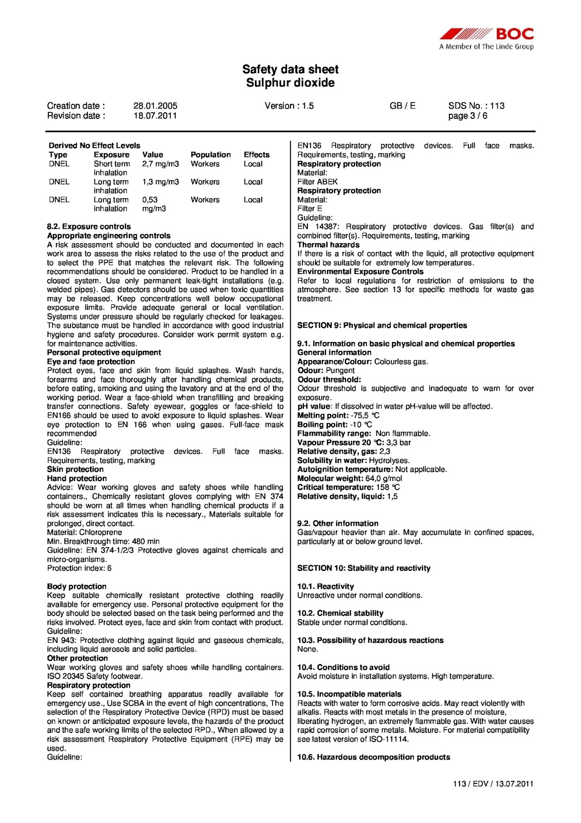 MSDS Sulphur Dioxide (SO2)