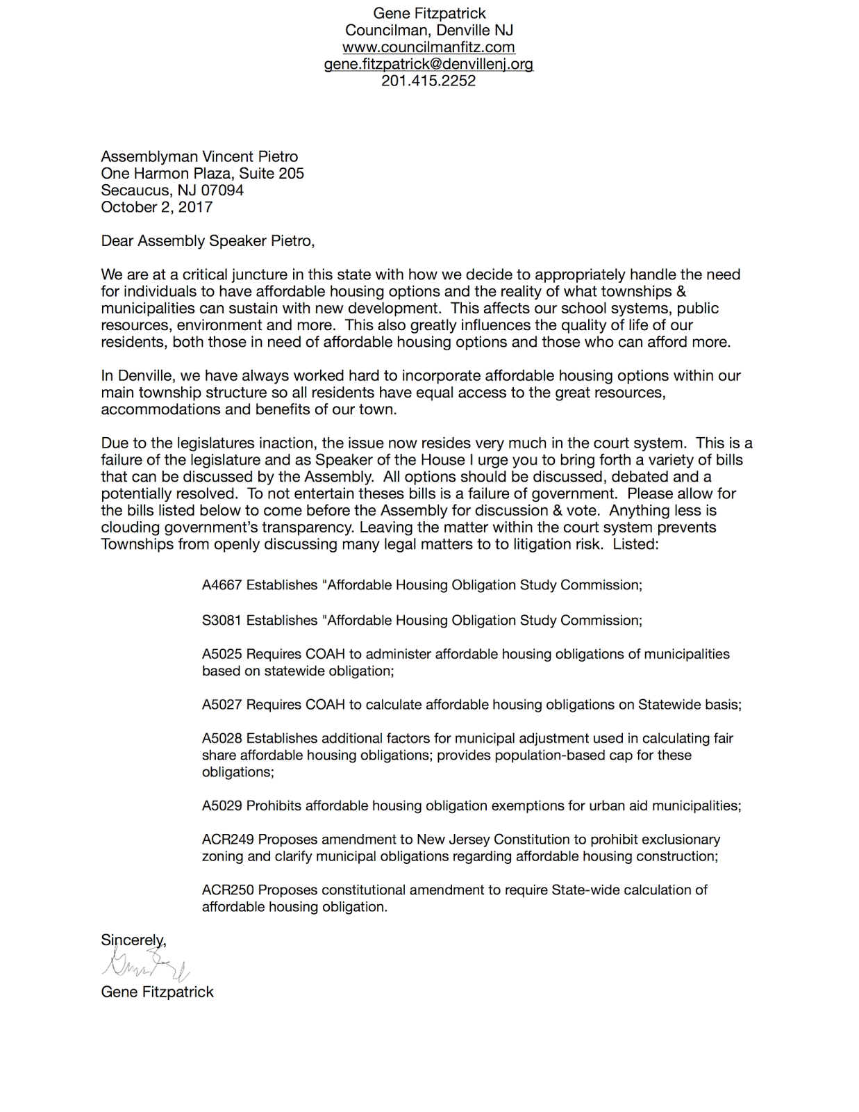 Former Councilman Gene Fitzpatrick • Denville, NJ: Letter to Speaker of ...