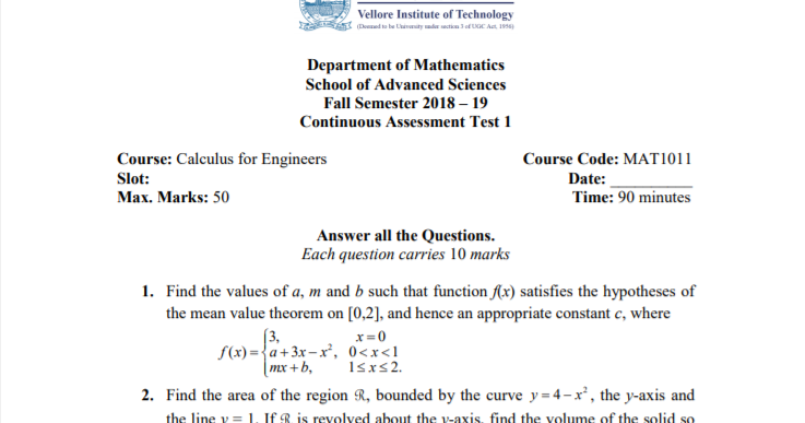 CALCULUS FOR ENGINEERS (MAT1011) VIT QUESTION PAPERS [CAT 1 | CAT 2 | FAT]