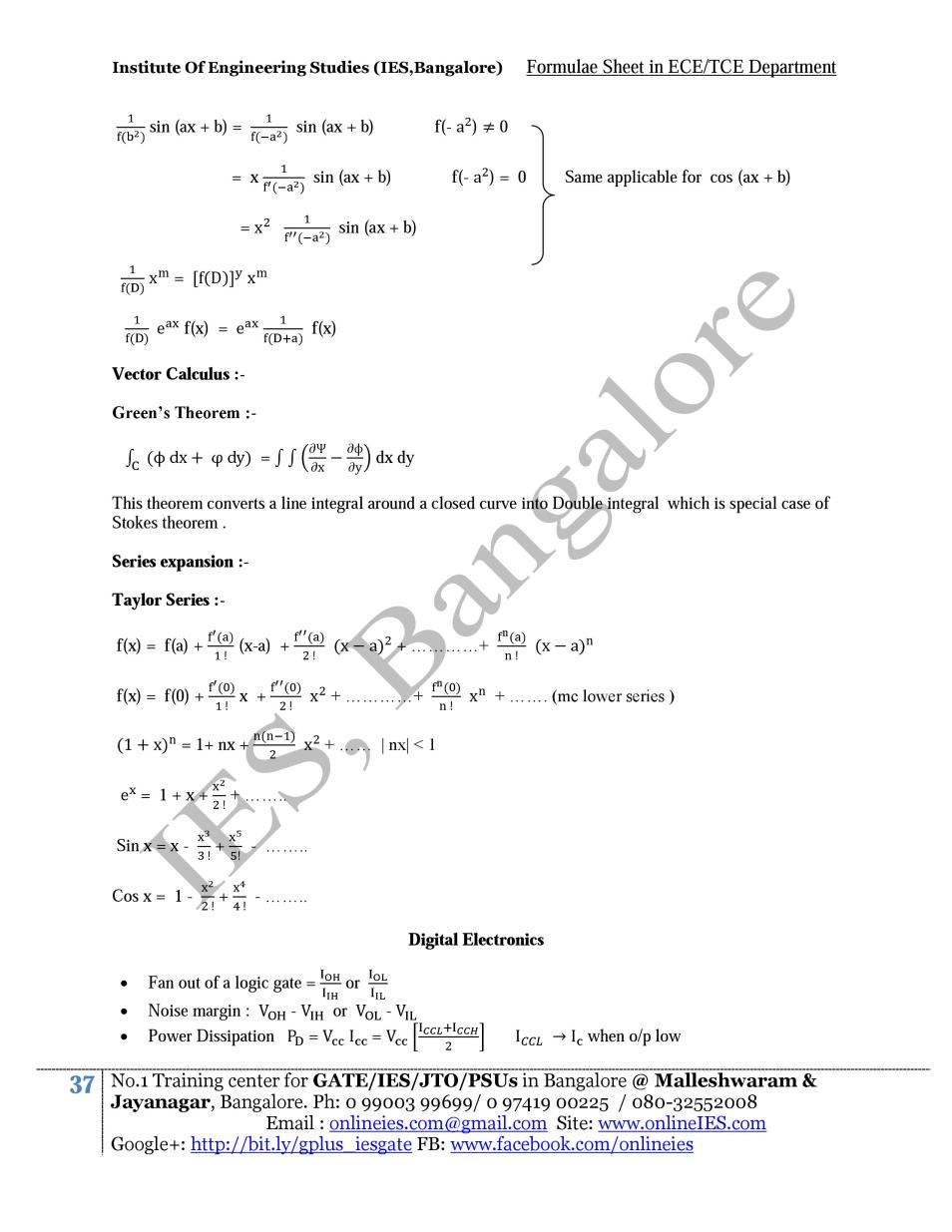 Formula sheet - Mathematics - Gateway of Engineering