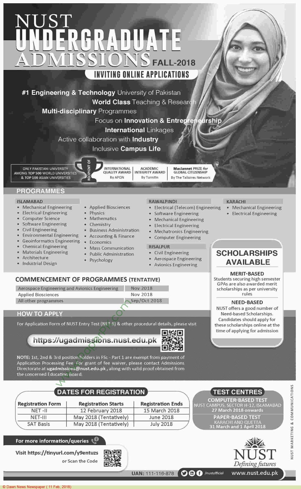 NUST University Admissions Open Fall 2018 - Computer Zila