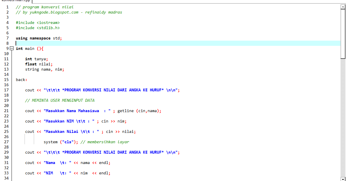 Program Konversi Nilai dari Angka ke Huruf dengan bahasa c++