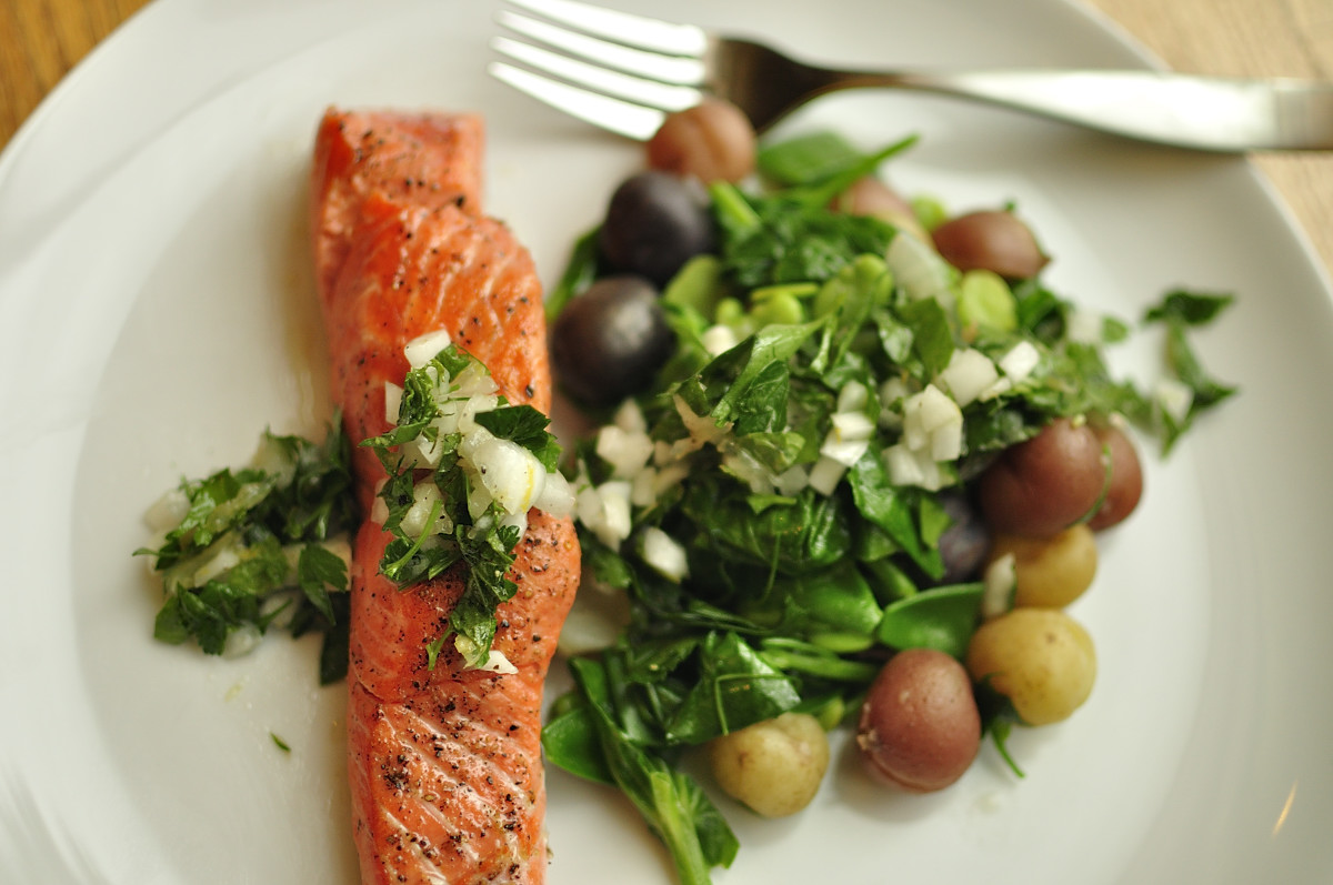paprika red: Salmon with Potatoes, Pea Vines, and Sweet Onion Relish