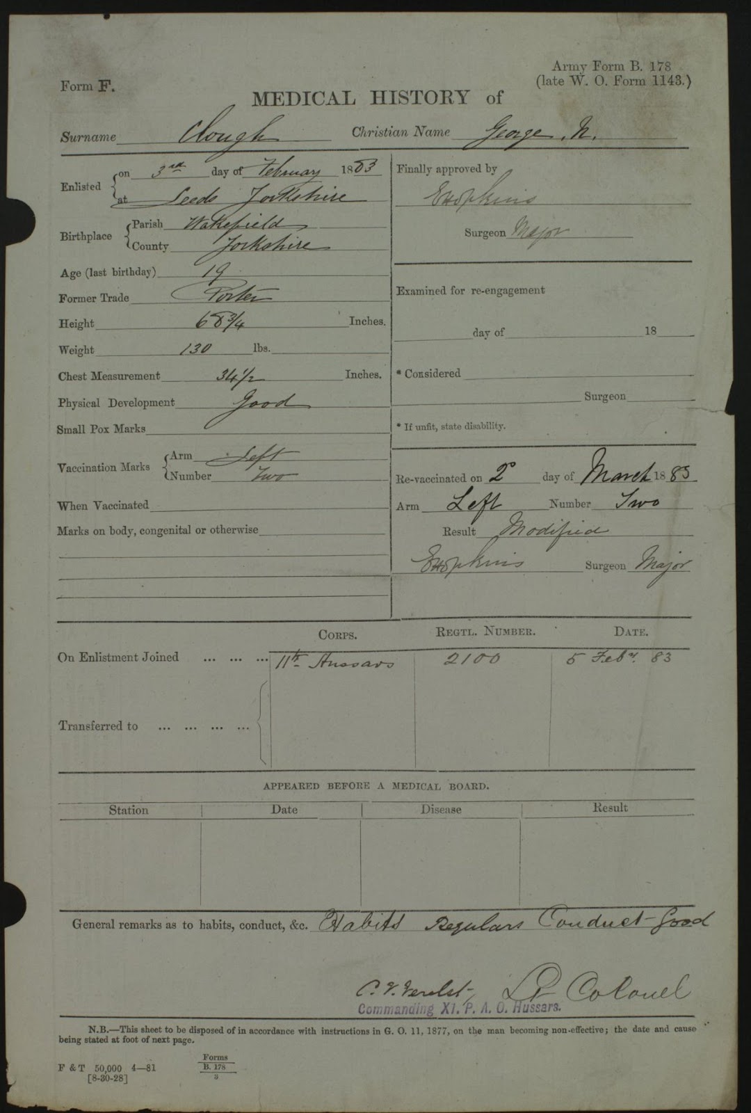 Army Forms & Attestations: Army Form B.178 - Medical History