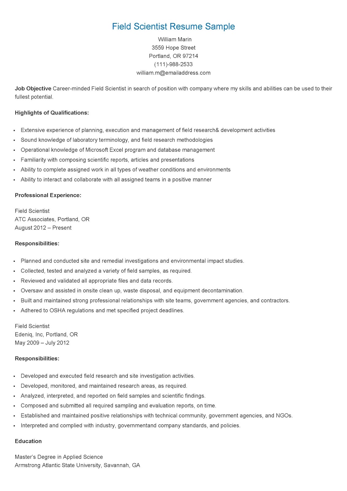 Resume Samples: Field Scientist Resume Sample