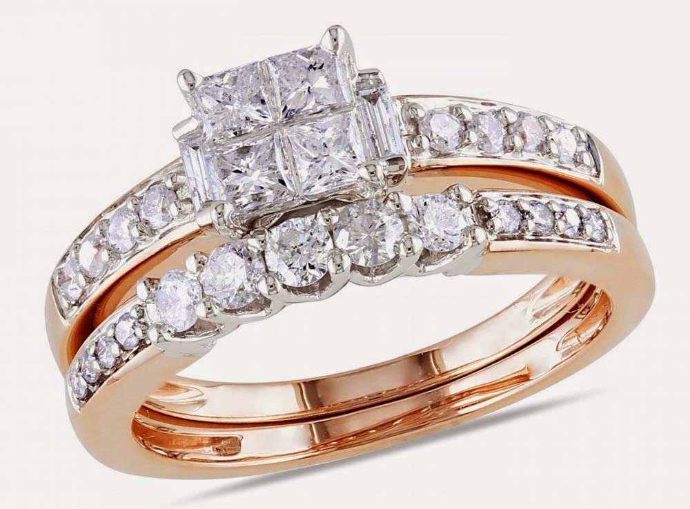 Rose Gold Bridal Set Rings, Rectangle White Diamond Design