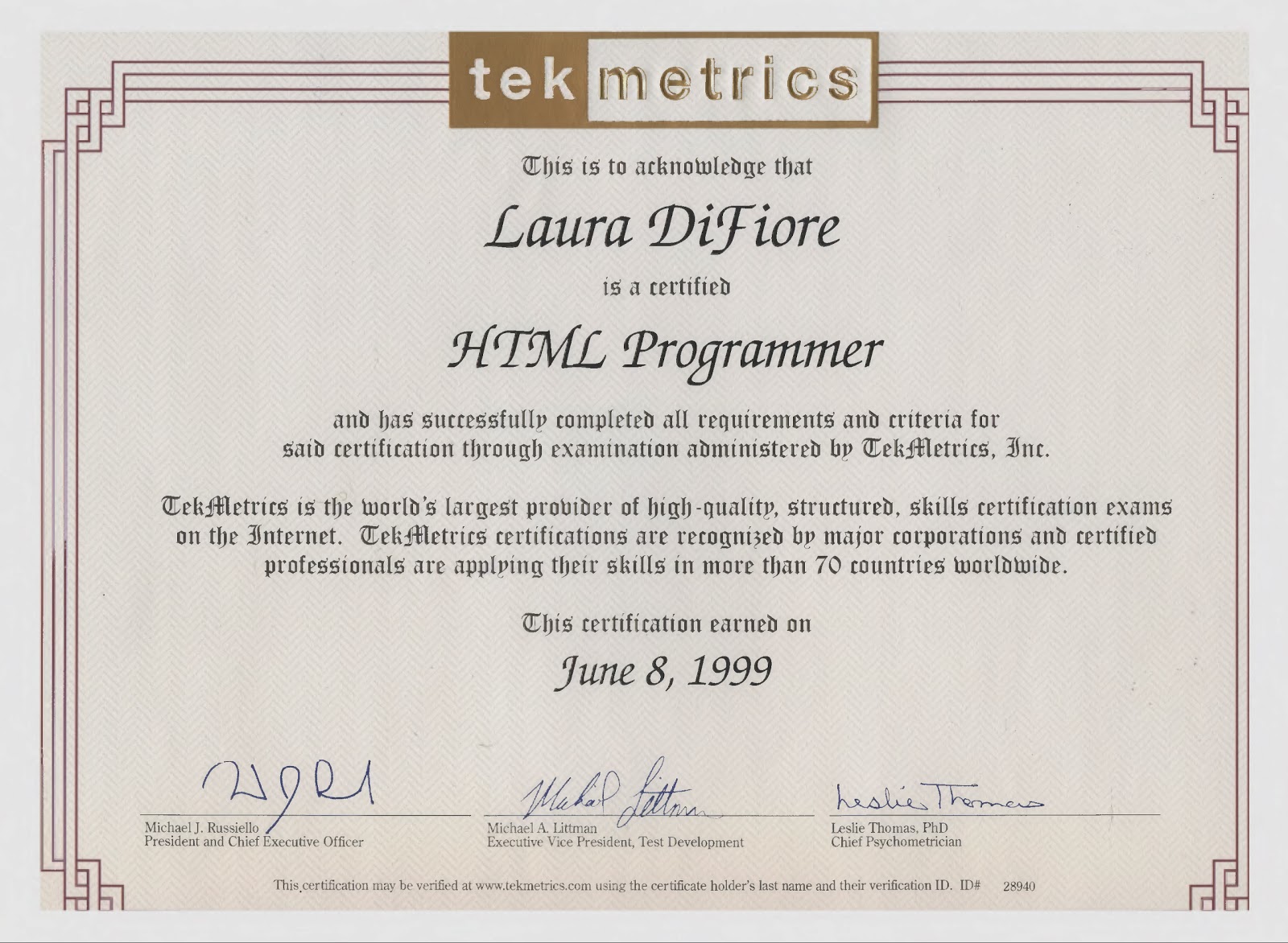 The Pages of My Life: Certificate: TekMetrics HTML/Web Programmer