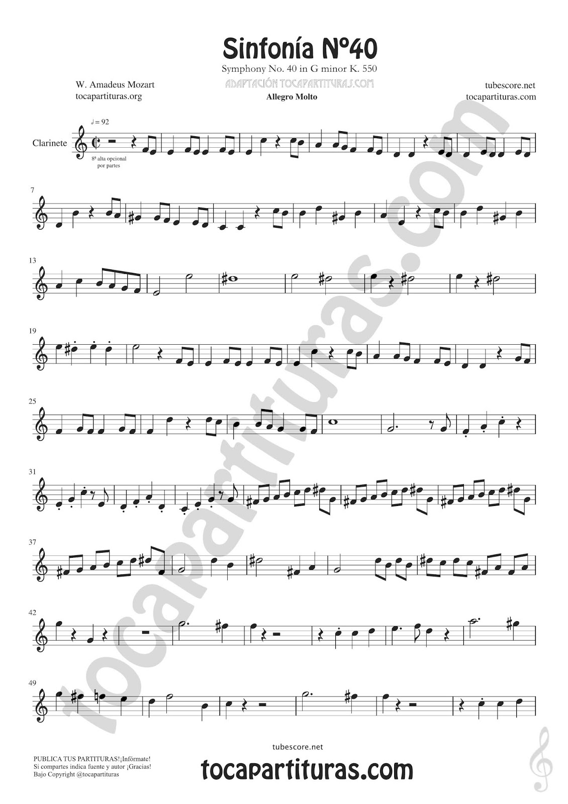 tubescore: Symphony Nº 40 in G minor K550 by Mozart Sheet Music ...