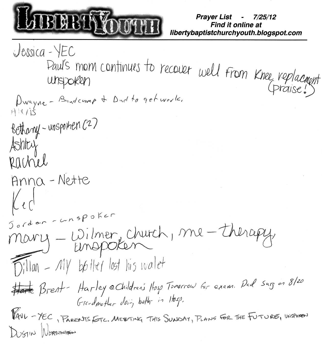 Liberty Baptist Church Youth Tallassee AL Prayer List And Announcements Liberty Baptist Church Youth Tallassee AL Prayer List And Announcements