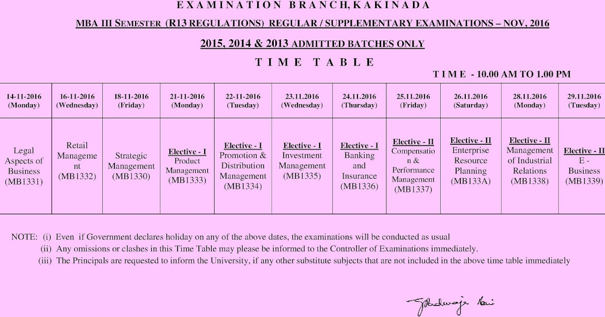 MBA JNTUK 3rd SEM EXAM TIME TABLE